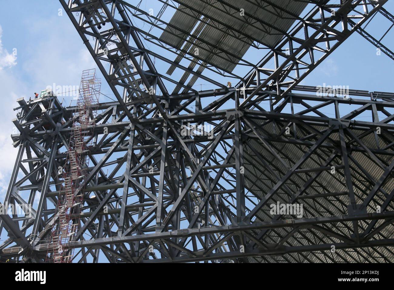 Tower and roof steel truss construction as viewed from field level in ...