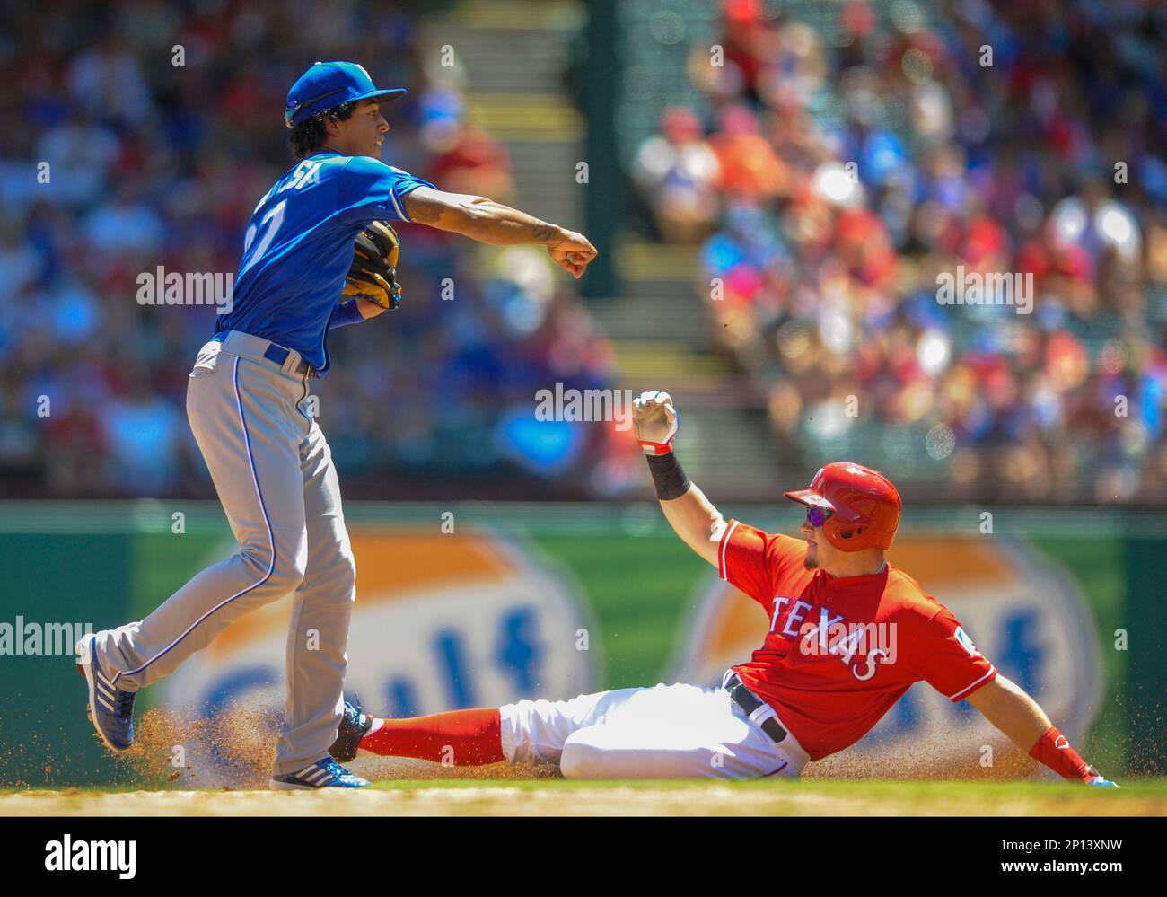 July 31, 2016: Texas Rangers left fielder Ryan Rua #16 is out at second ...