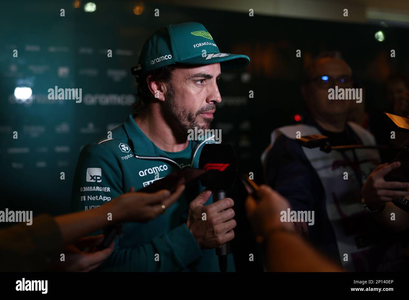 Fernando Alonso (ESP) Aston Martin F1 Team with the media. Formula One ...