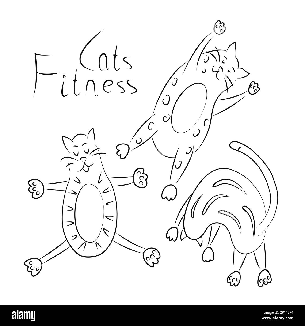 Collection of simple linear illustrations with playful cats. Fitness, sports, yoga for a cat ...