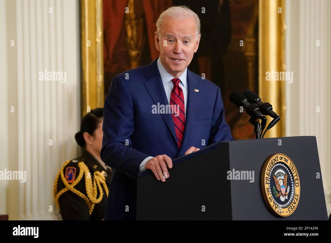 President Joe Biden speaks during a Medal of Honor ceremony for retired Army Col. Paris Davis ...