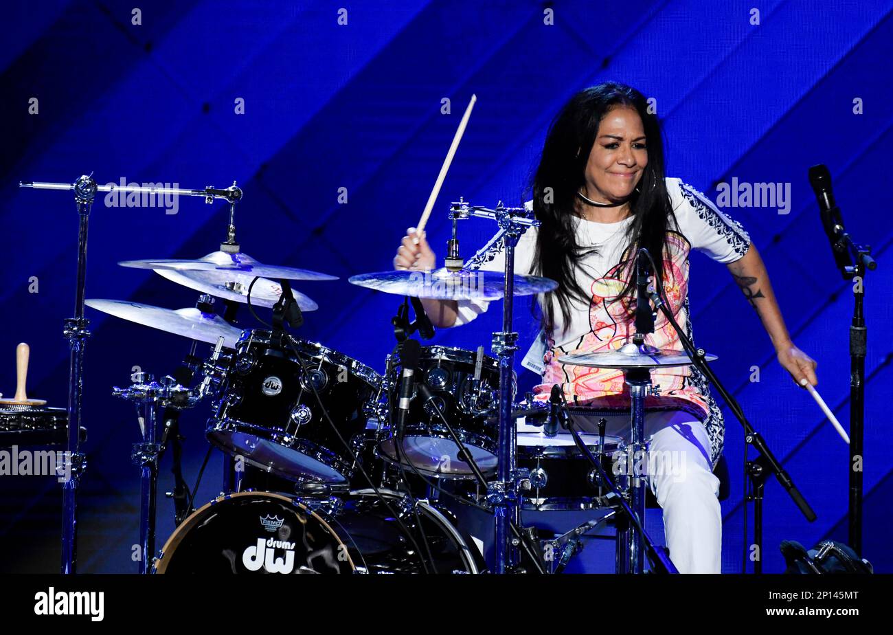 UNITED STATES - JULY 28: Sheila E plays the drums during sound check on ...