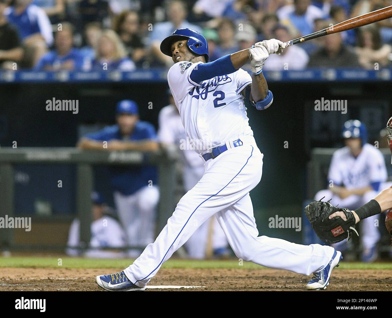 27 July 2016: Kansas City Royals' shortstop Alcides Escobar (2) at bat ...