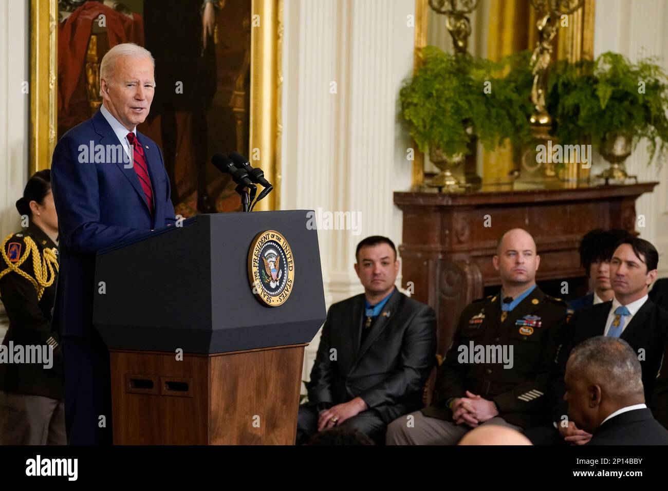 President Joe Biden speaks during a Medal of Honor ceremony for retired Army Col. Paris Davis in ...