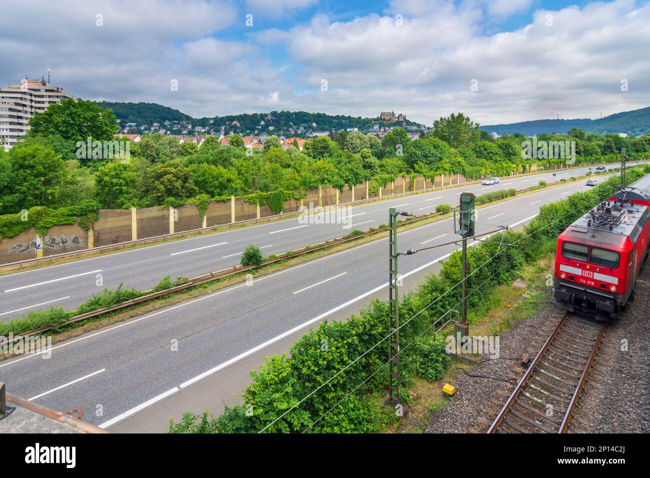Marburg: road B3, train line Main-Weser-Bahn, local train of DB ...