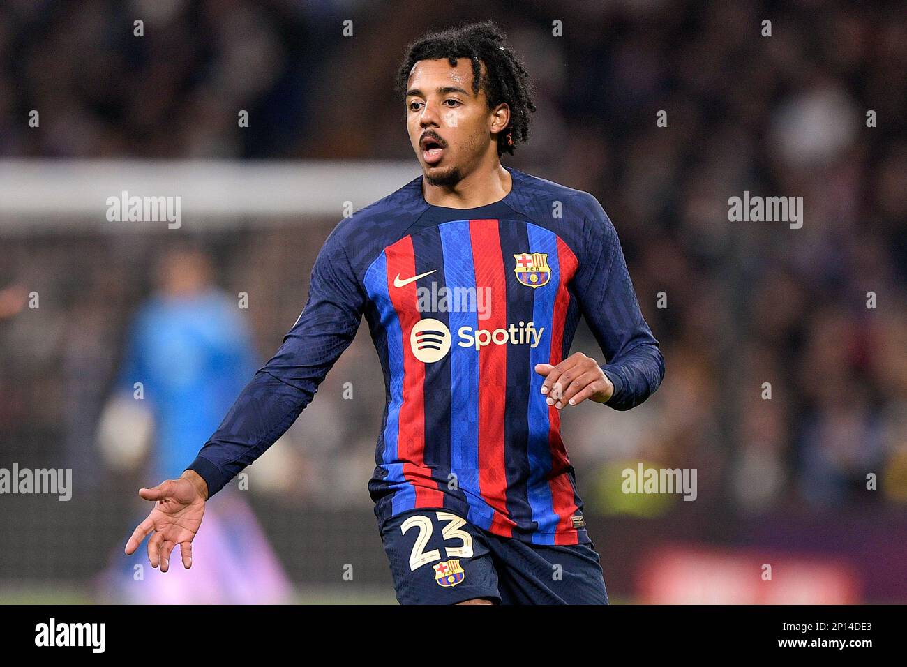 MADRID, SPAIN - MARCH 2: Jules Kounde of FC Barcelona reacts during the ...
