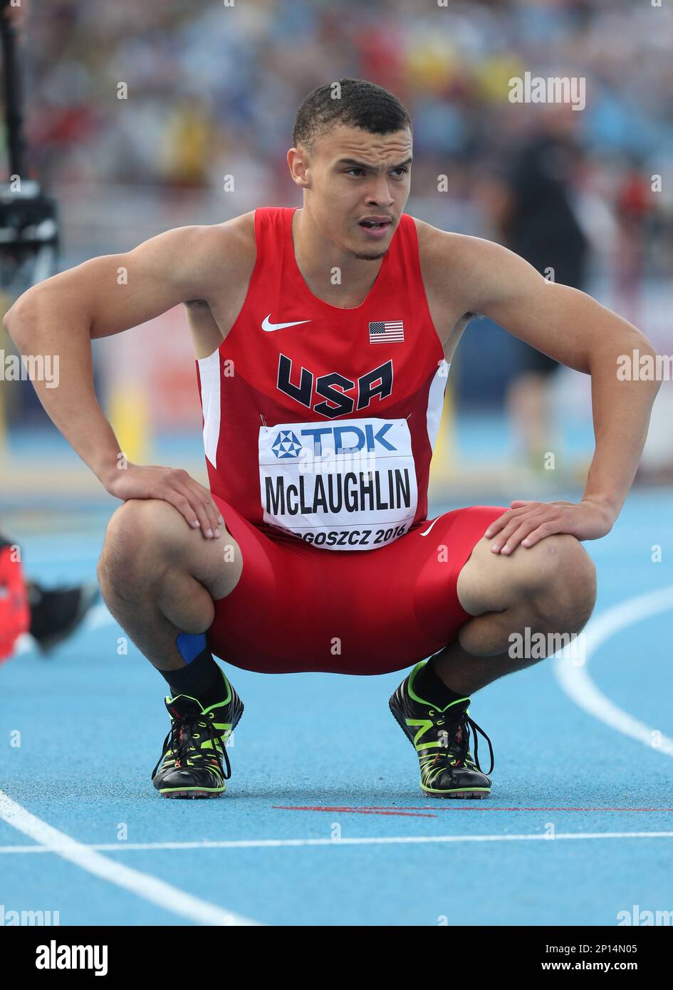 Taylor McLaughlin (USA) reacts after placing second in the 400m hurdles in 49.45 during the IAAF ...