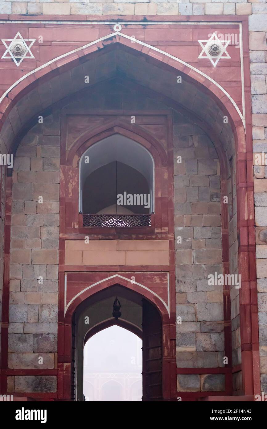 humayun tomb entrance gate at misty morning from unique perspective ...