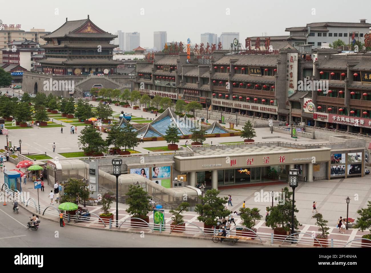 Xi'an historic Drum Tower, tiered roofed building in the middle ...