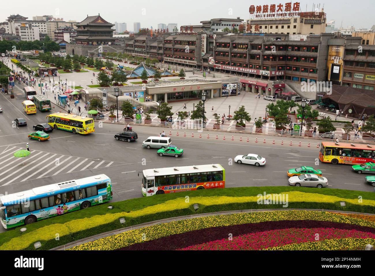 Xi'an historic Drum Tower, tiered roofed building in the middle ...