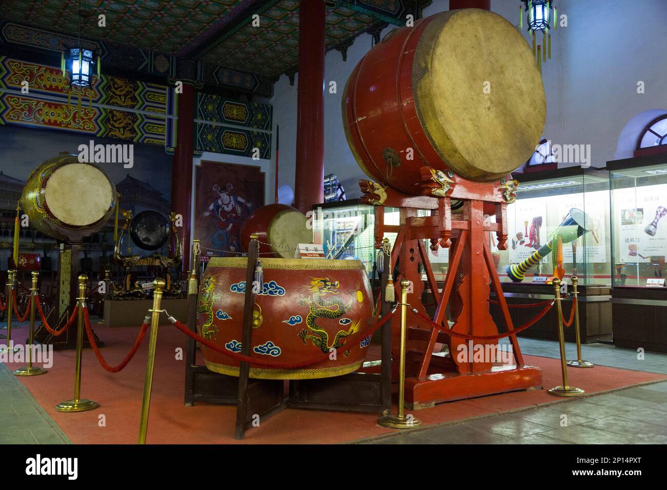 Extensive display of Temple style drums on show to visitors at the Xi ...
