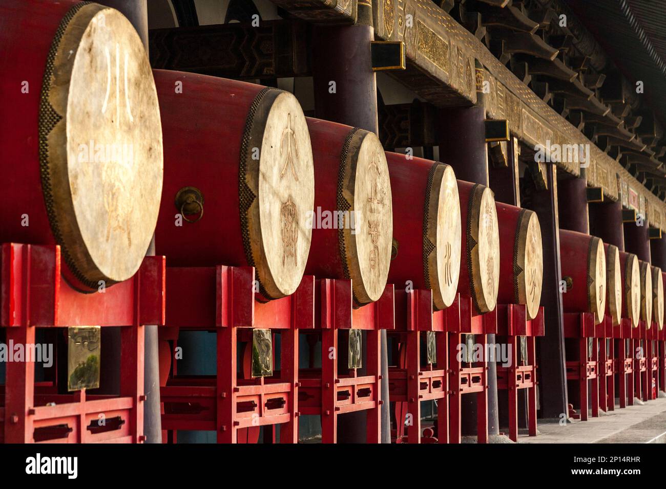 Extensive display of Temple style drums on show to visitors at the Xi ...