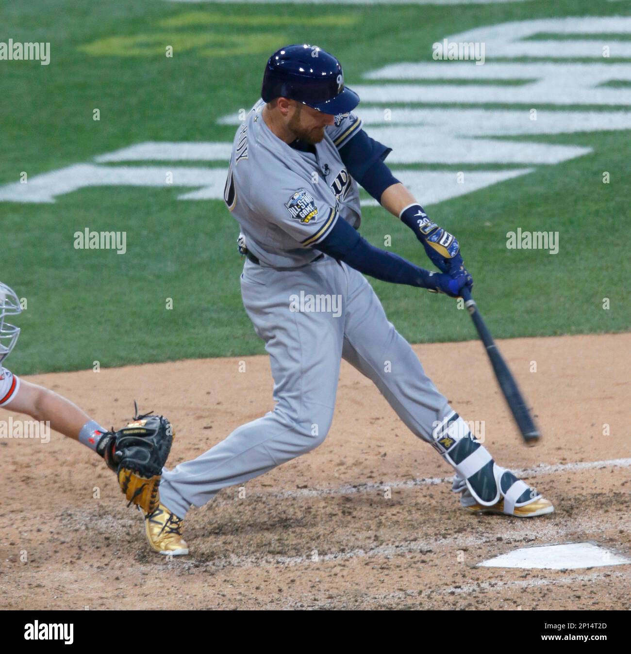 Milwaukee Brewers catcher Jonathan Lucroy (20) at bat during an MLB ALL ...
