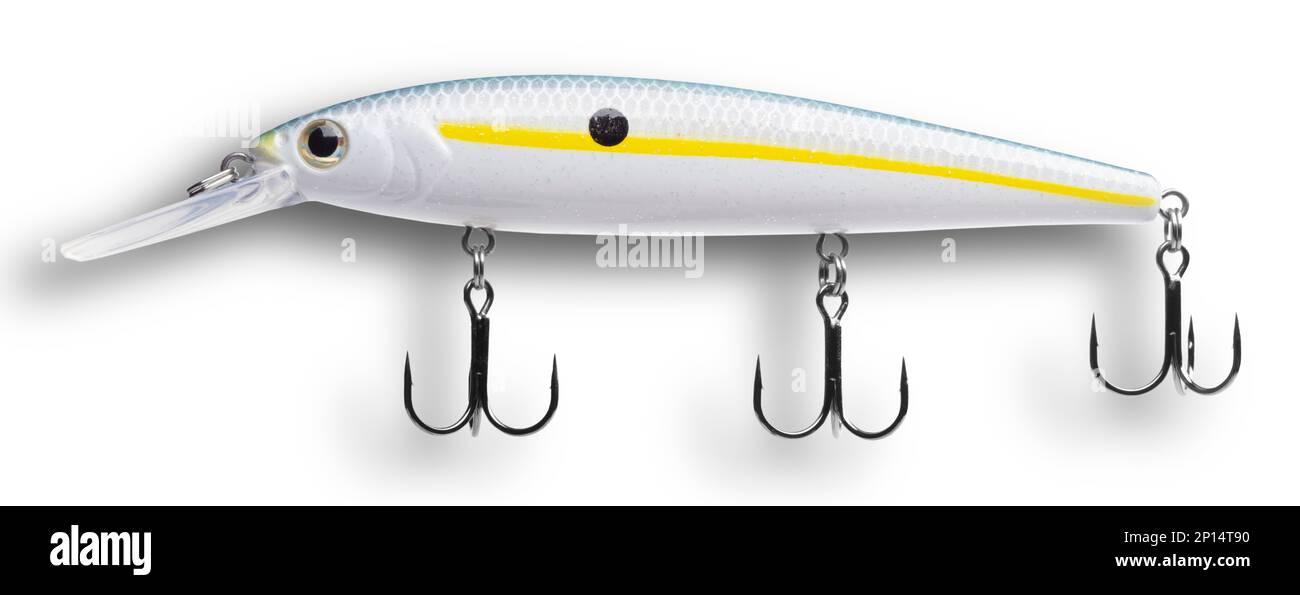 Large fishing lure for pike with shadow behind and three treble hooks ...