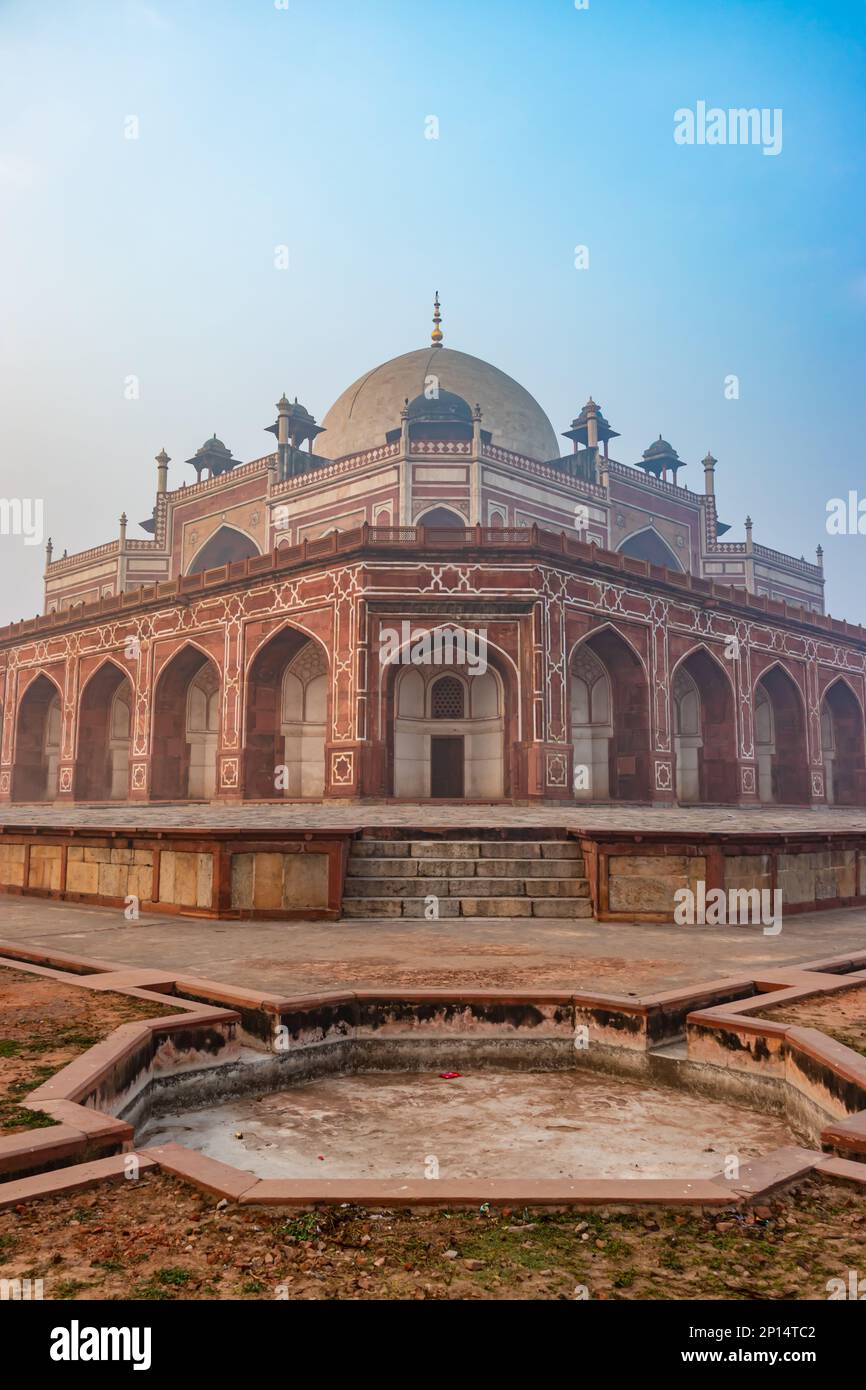 humayun tomb exterior view at misty morning from unique perspective ...
