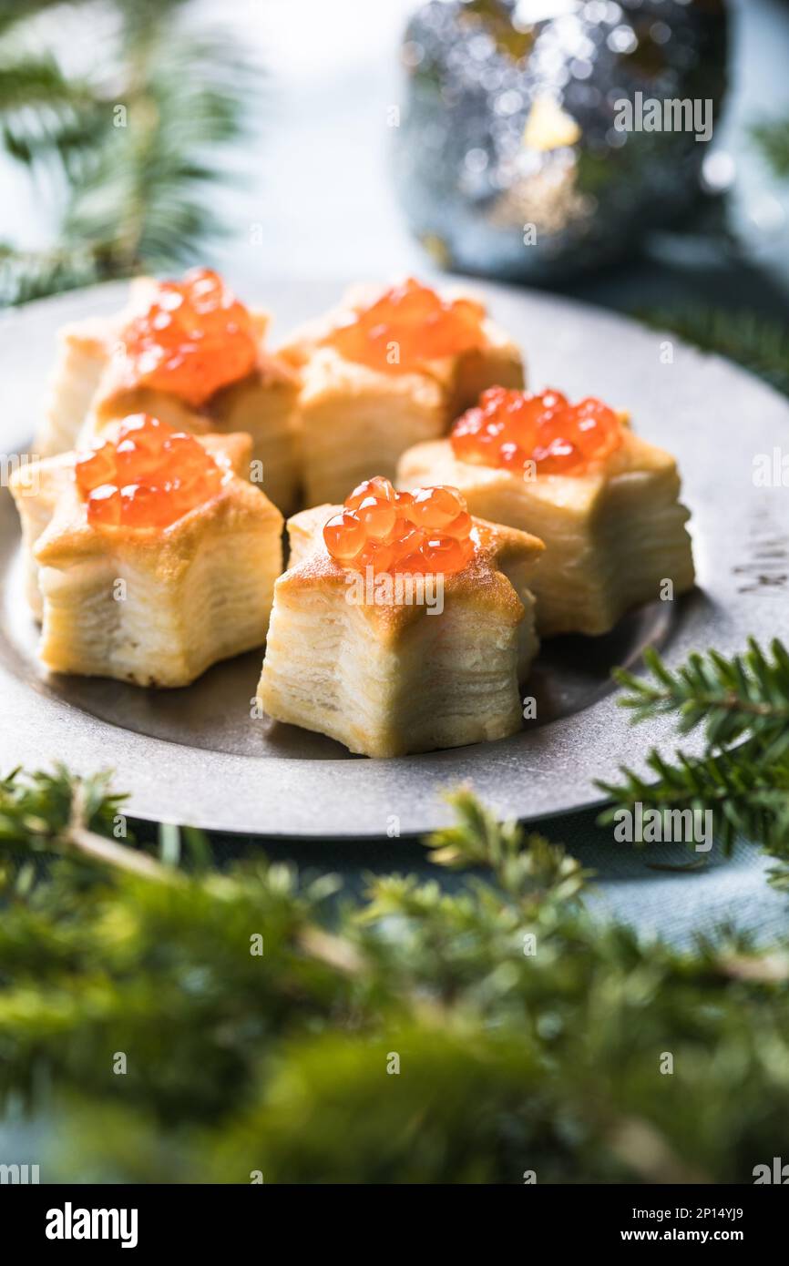 Christmas tree canape or sandwich with cucumber slice, salmon for ...