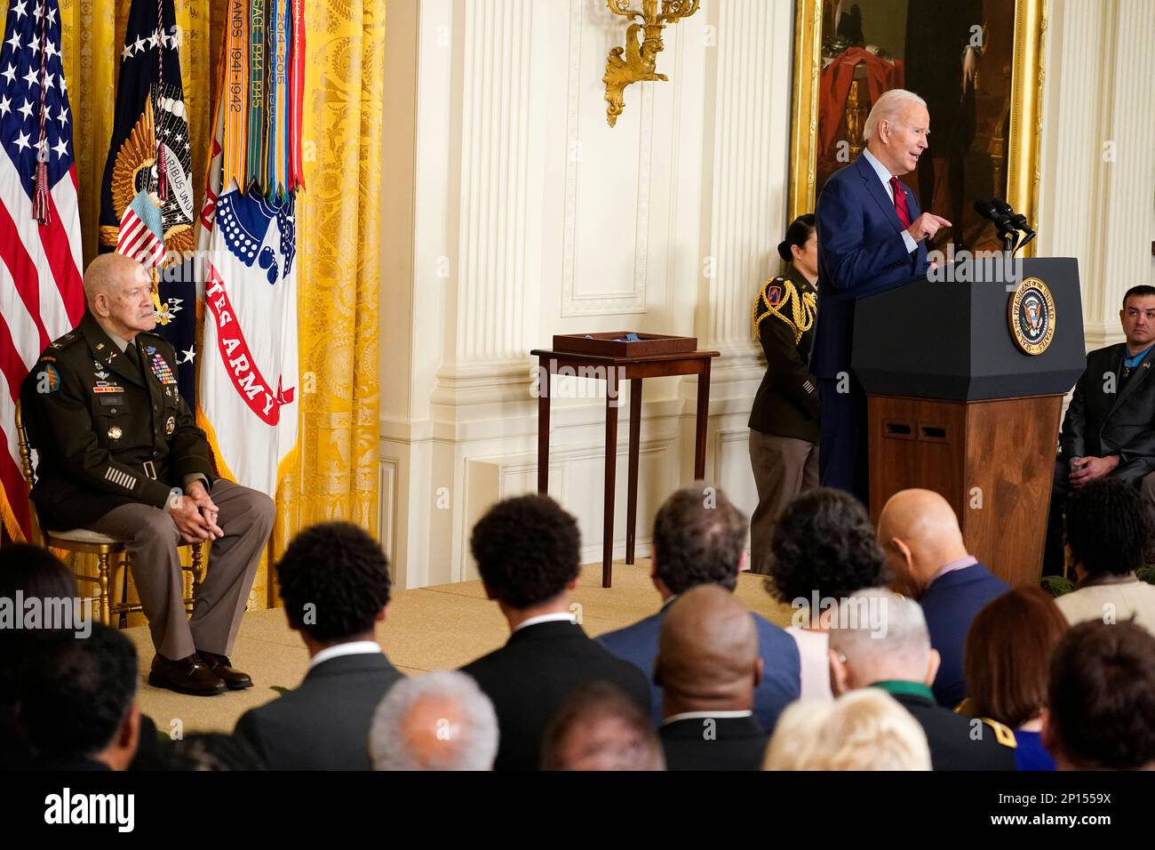 President Joe Biden speaks during a Medal of Honor ceremony for retired Army Col. Paris Davis in ...