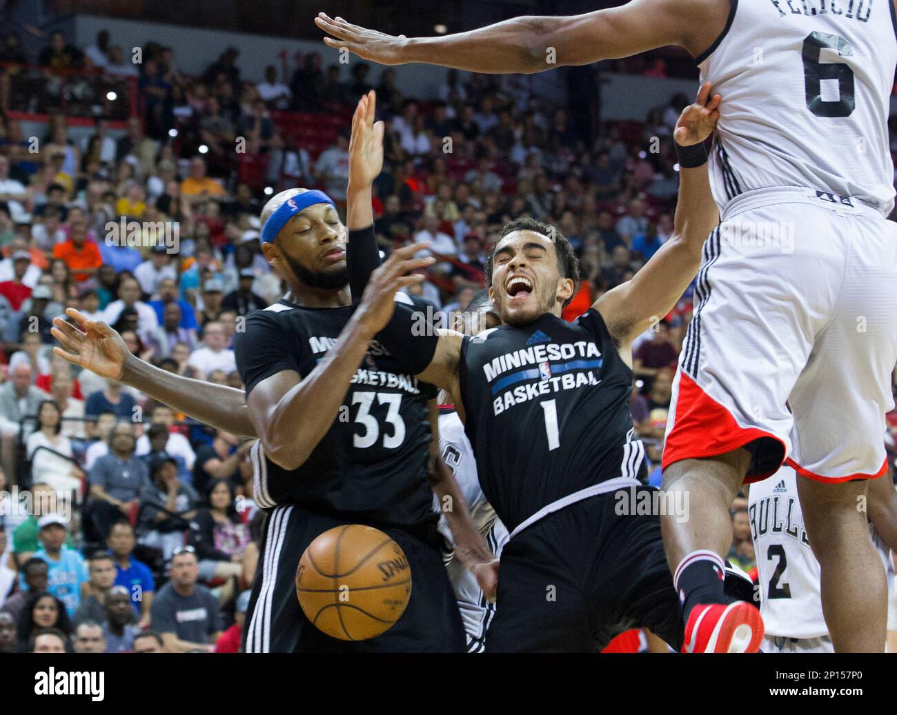 Minnesota Timberwolves guard Tyus Jones (1) collides with Chicago Bulls ...