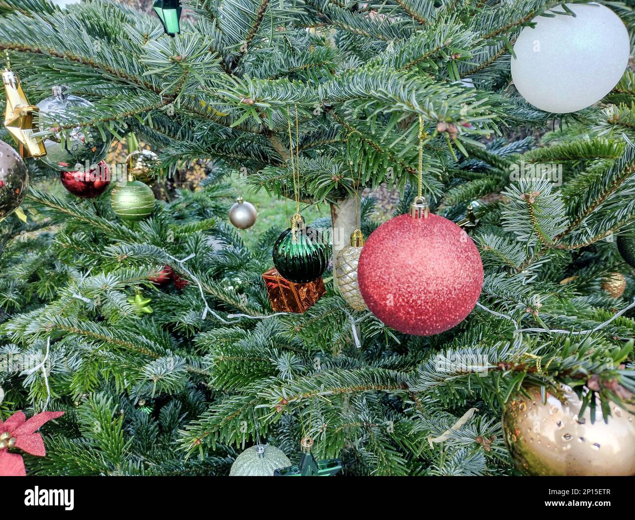 Christmas tree with globes and other decorations in Romania Stock Photo ...