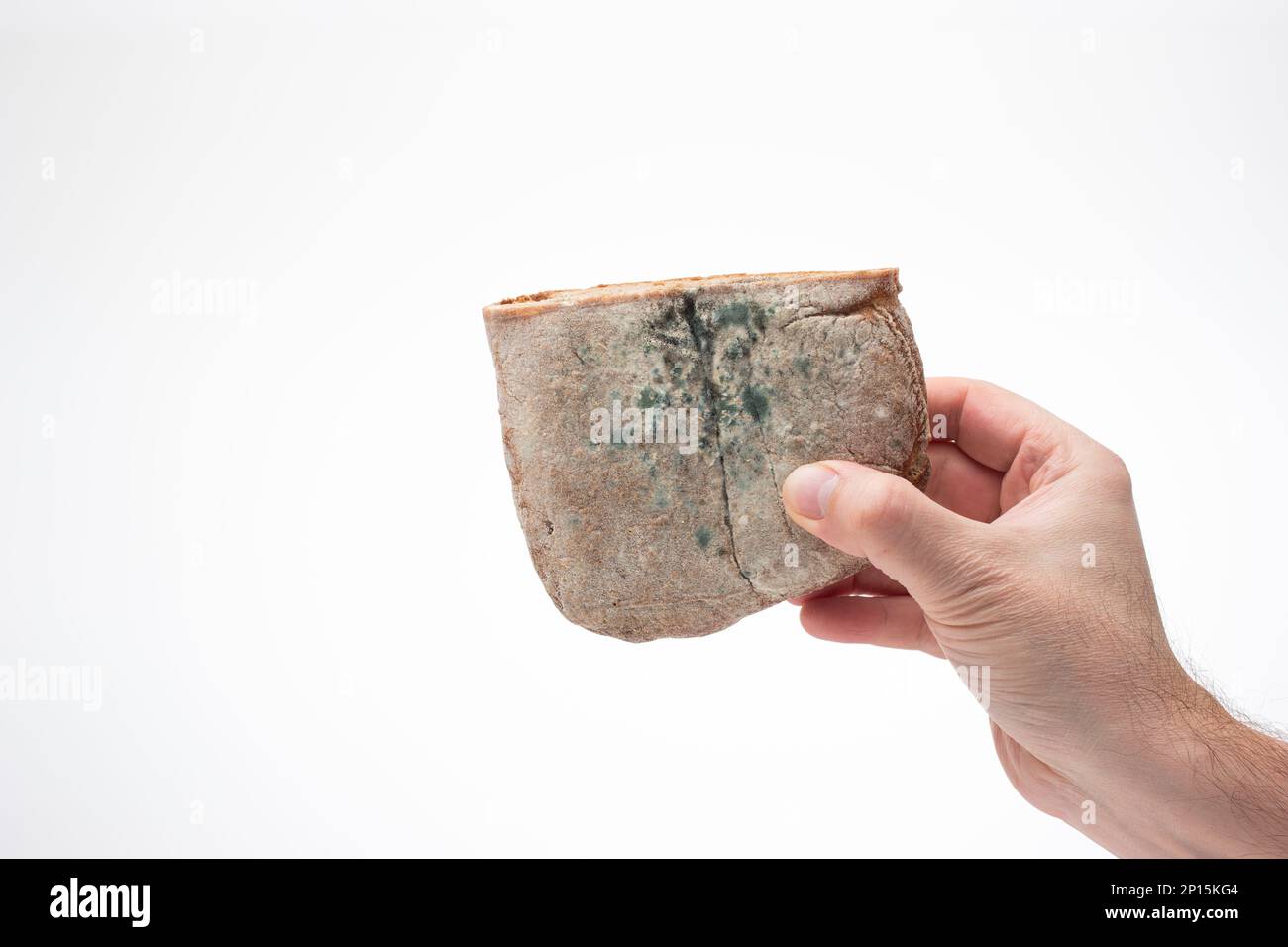 Spoiled old moldy bread loaf held in hand by Caucasian male hand. Close ...