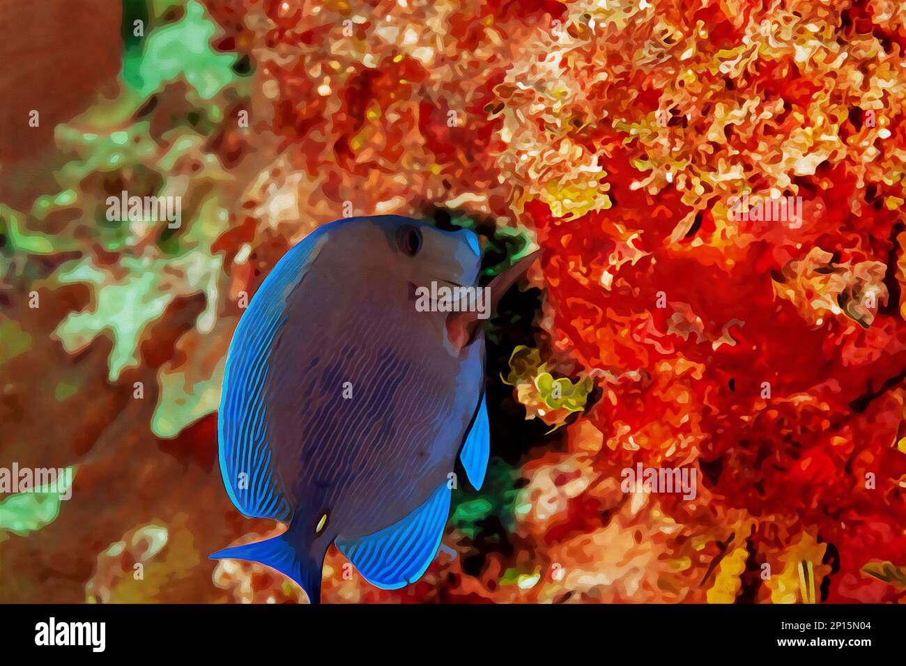 Digitally created watercolor painting of Blue tang surgeonfish ...