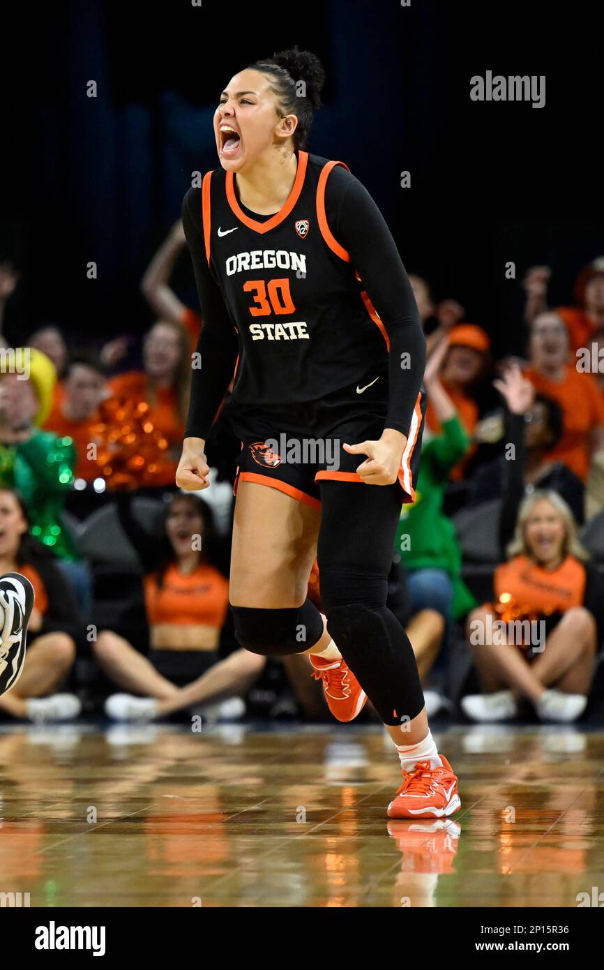 Oregon State forward Timea Gardiner reacts after a 3-point basket ...