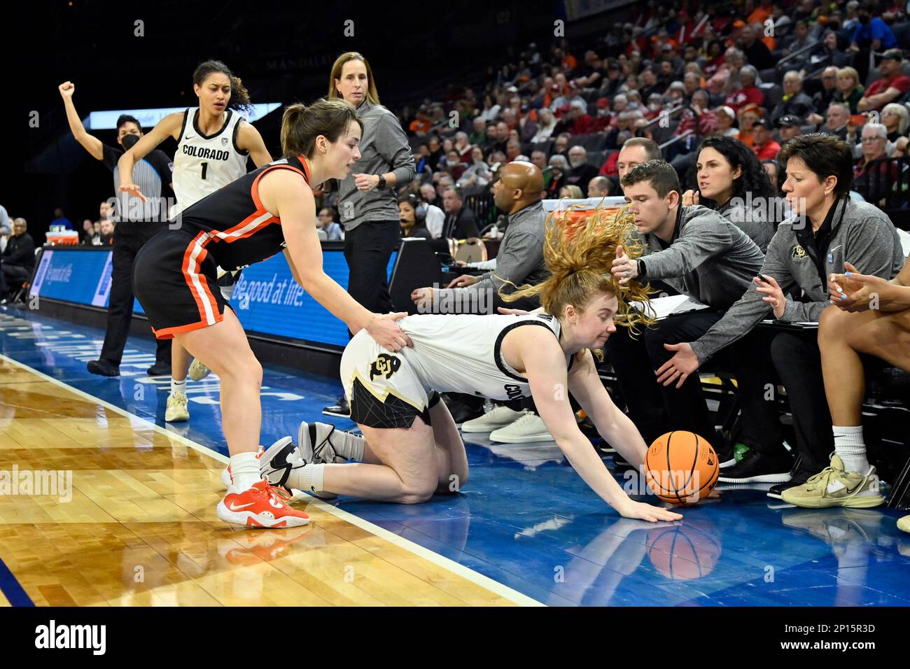 Colorado guard Frida Formann, right, is fouled by Oregon State guard ...