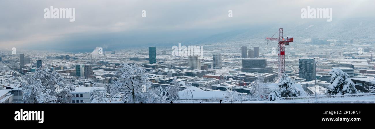 Panoramic aerial view of snow covered Zurich city Switzerland after ...