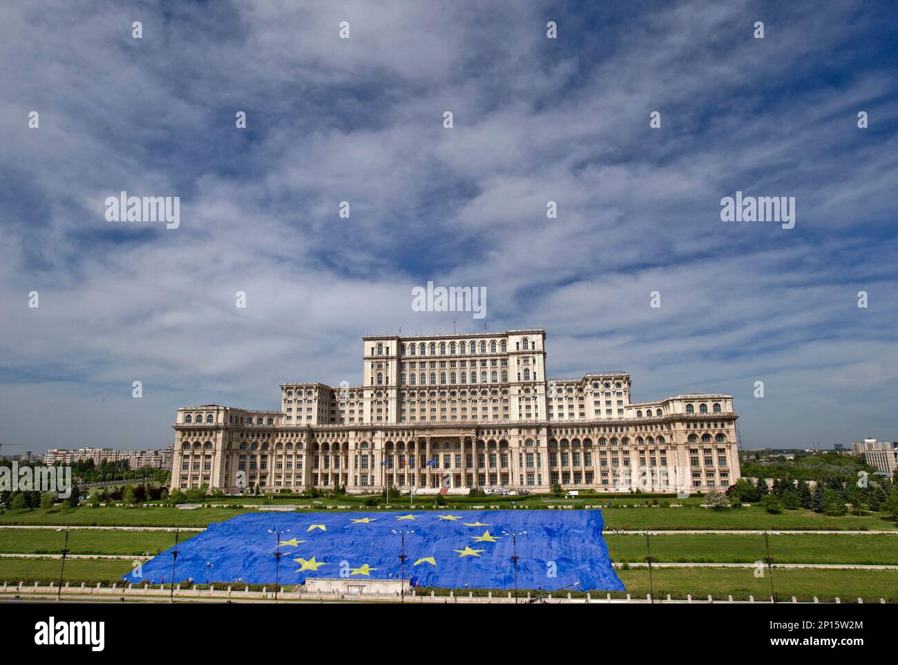 FILE - In this May 9, 2013 file photo, a huge European Union flag is ...