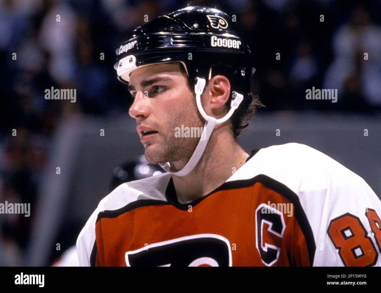Philadelphia Flyers forward Eric Lindros (88) sets for play against the ...