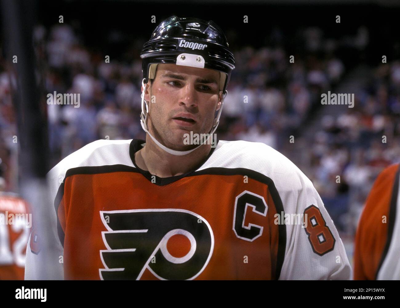 Philadelphia Flyers forward Eric Lindros (88) sets for play against the ...