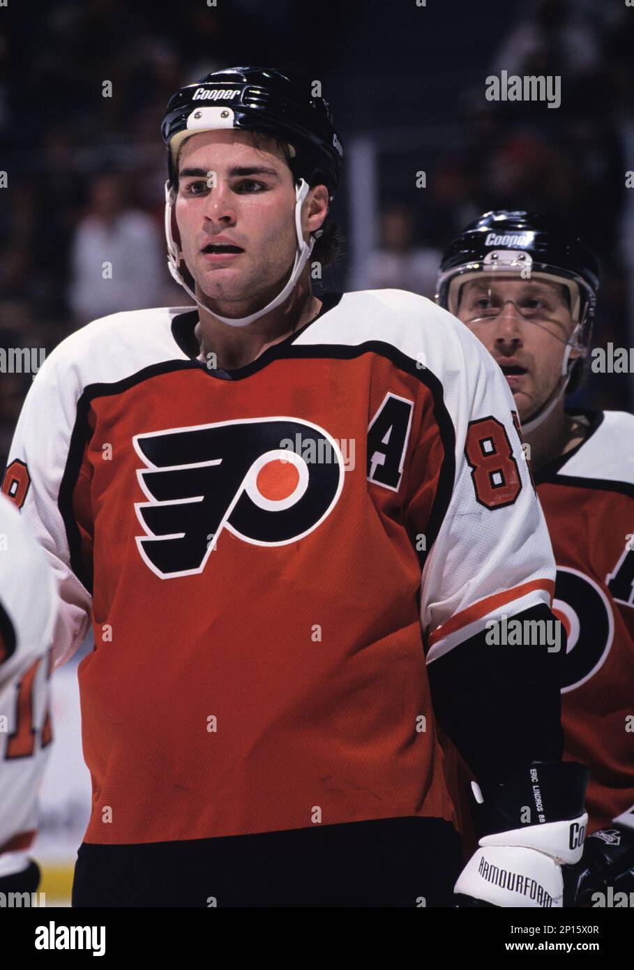 Philadelphia Flyers forward Eric Lindros (88) sets for play against the ...