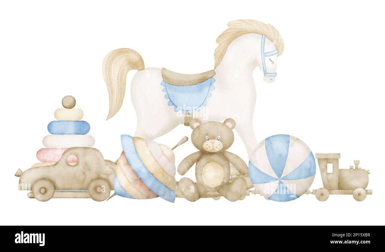 Watercolor illustration with Baby Toys in pastel blue and beige colors ...