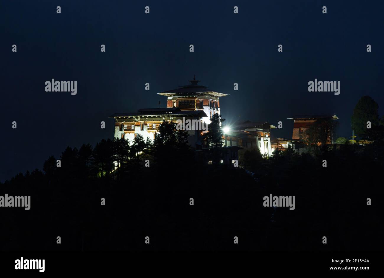 Bumthang Dzong monastery at night Stock Photo - Alamy