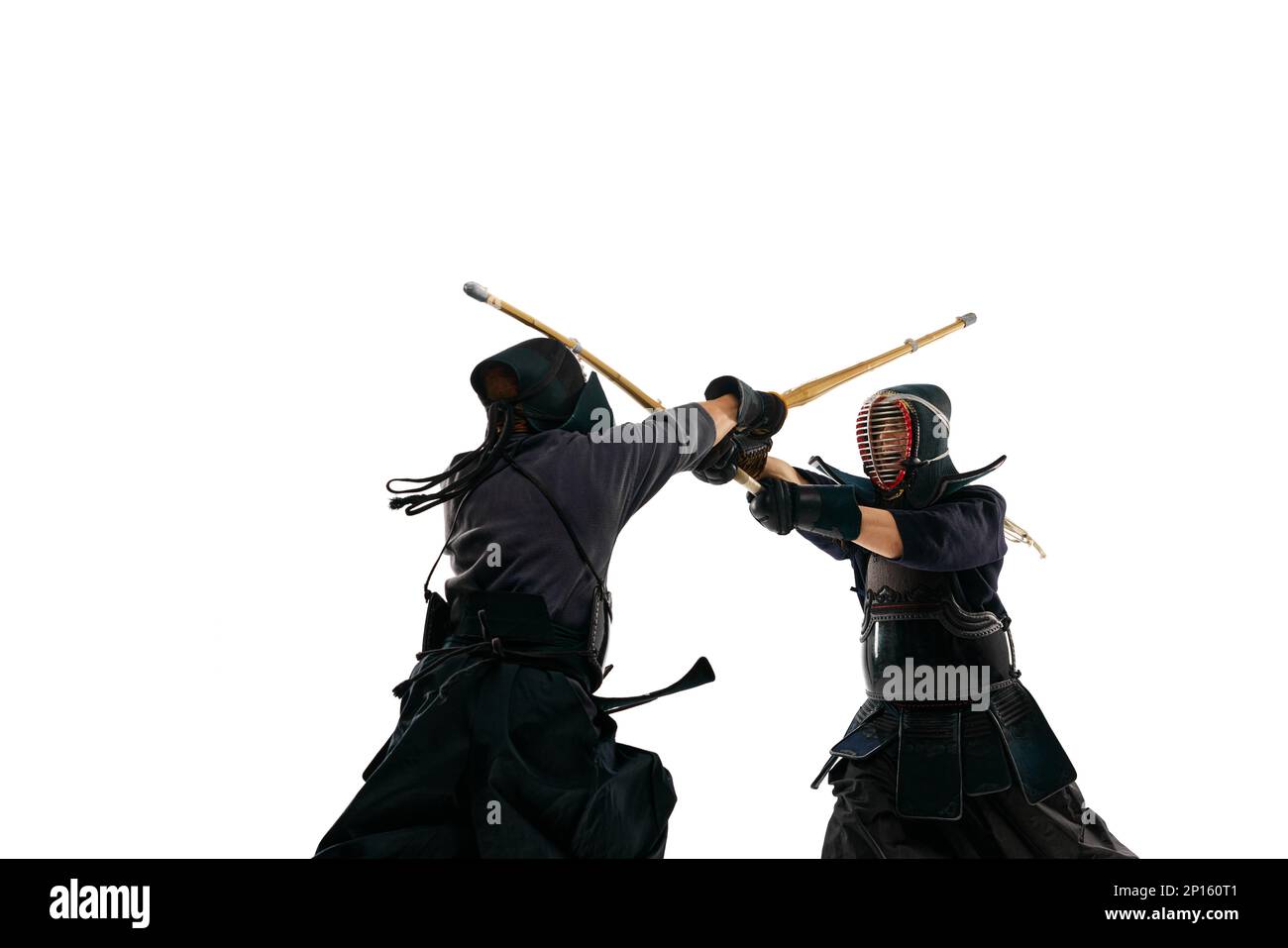Dynamic image of two men, professional kendo athletes in special ...