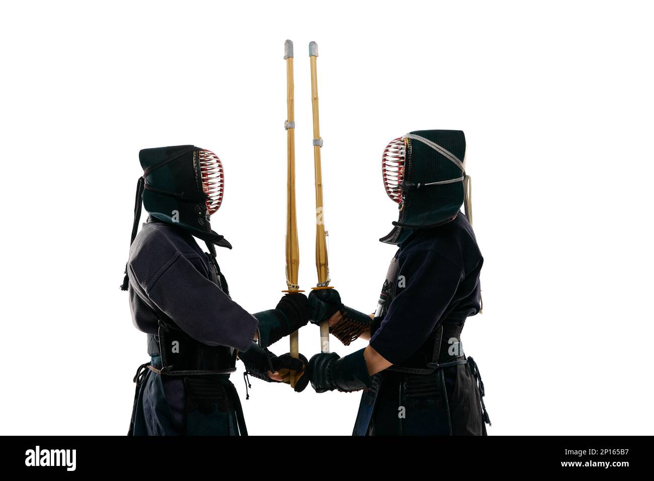 Sword to sword. Two men, professional kendo fighter, athletes in black ...