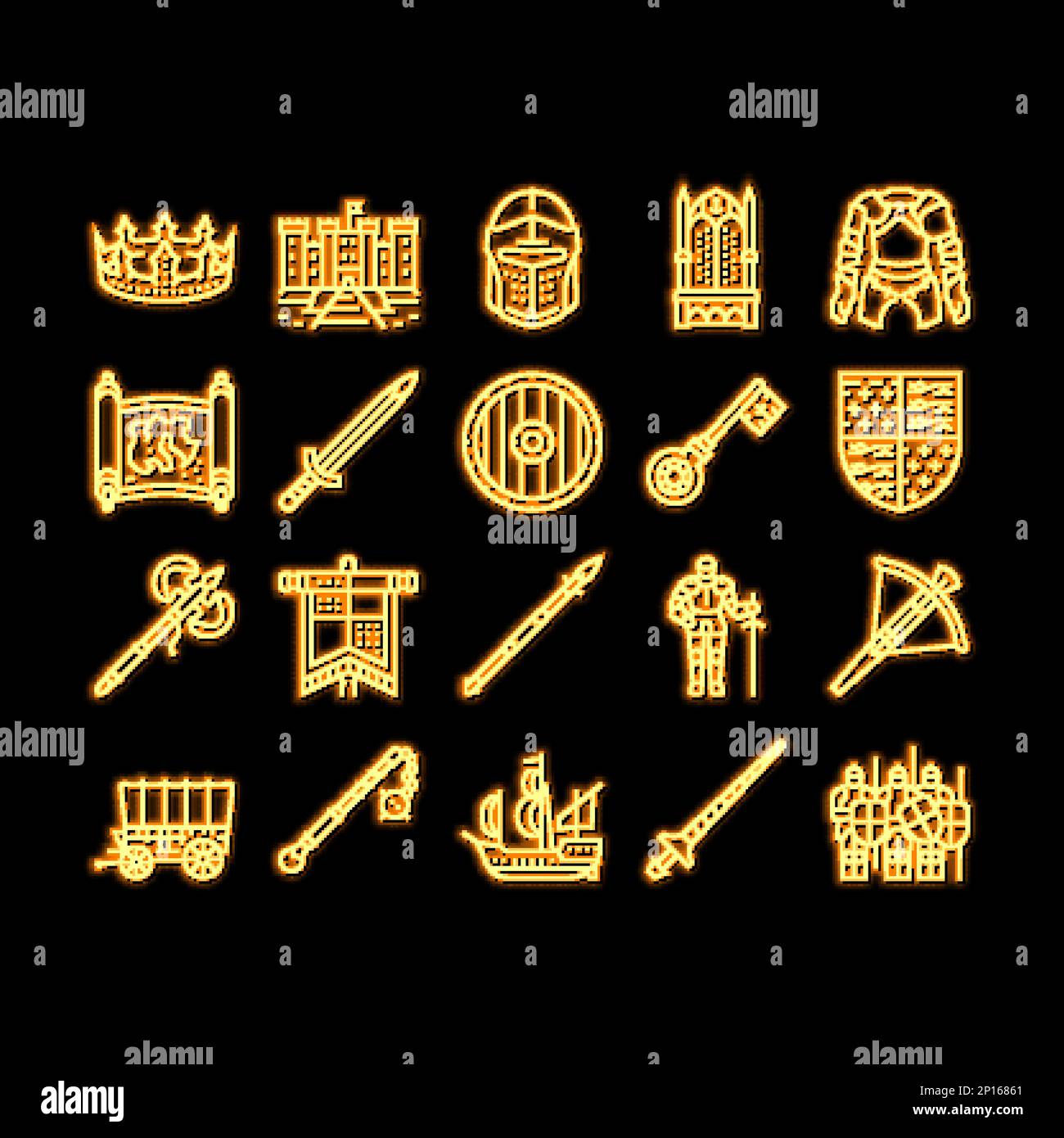 Medieval Warrior Weapon And Armor neon glow icon illustration Stock ...