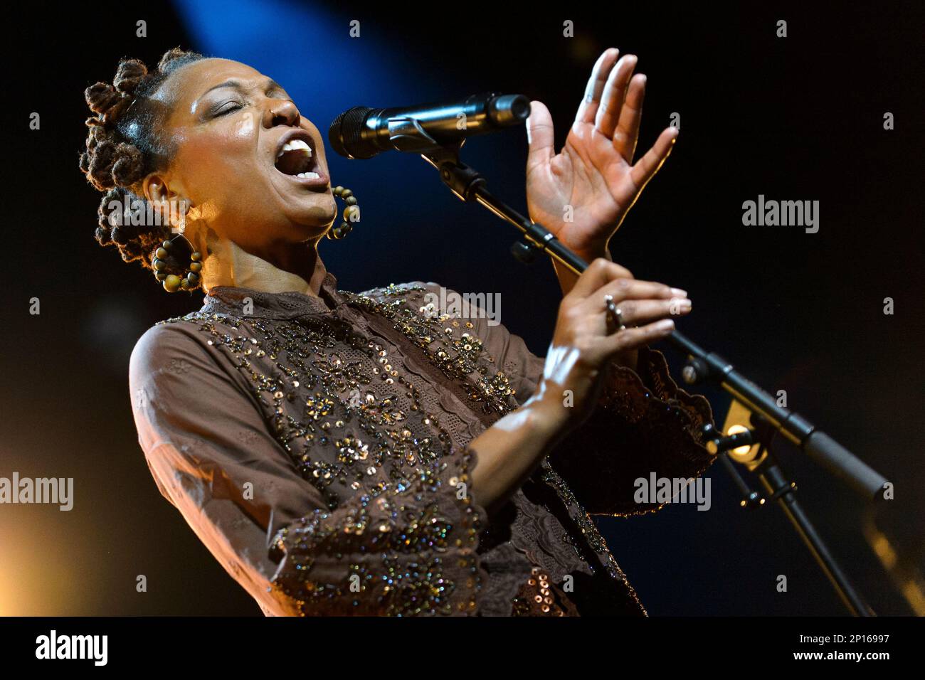 In this July 9, 2016 picture US singer Lisa Simone performs on stage of ...