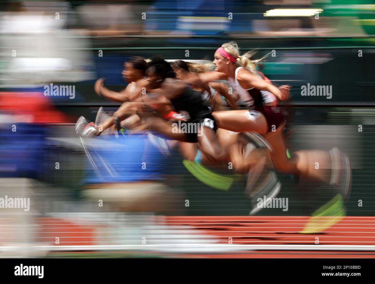 Racers compete during the heptathlon 100-meter hurdles at the U.S ...