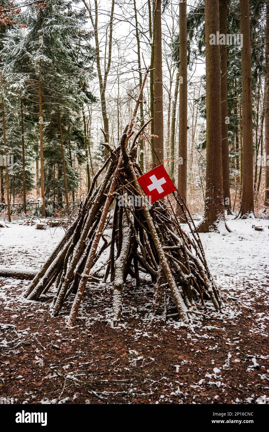 Tree branch made wooden tent play hut in the forest flying a small ...