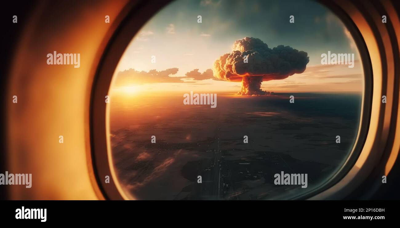Beautiful sunset and Nuclear explosion in the airplane window. Atomic ...