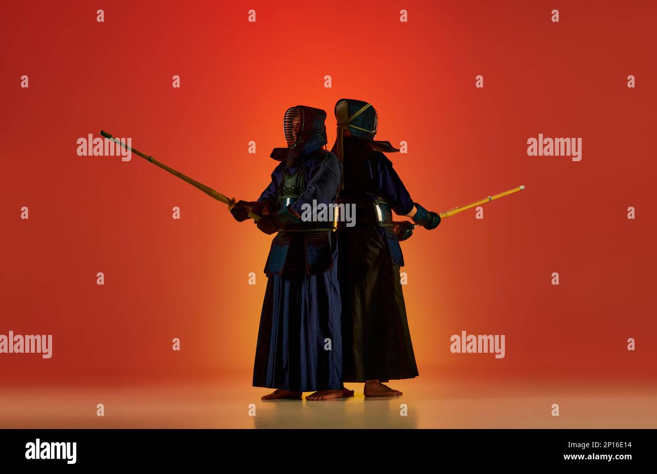 Two men, professional kendo athletes in black uniform posing with ...