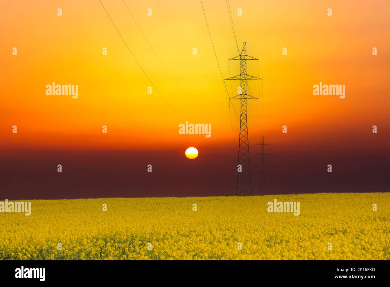 Sunset over the high-voltage towers. Power lines under sunset sky Stock ...