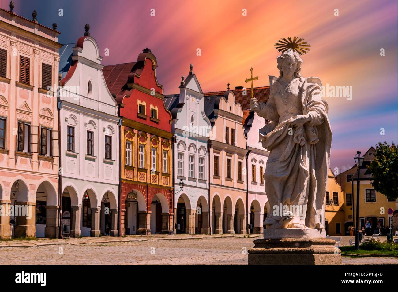 Main square of Telc city on a sunset. UNESCO World Heritage Site ...