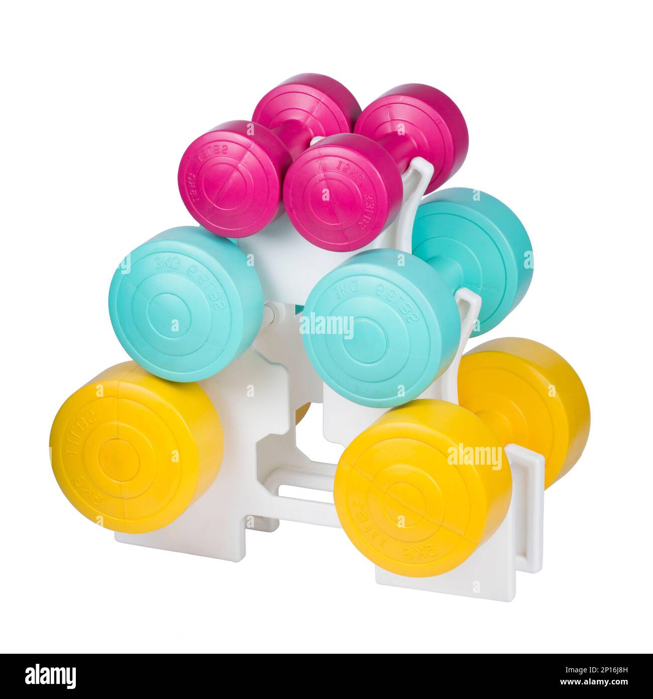 Stack of bright colored athletic rubber dumbbells isolated on white ...