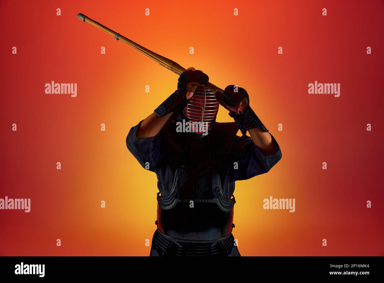 Front view. Portrait of man, professional kendo athlete in uniform ...