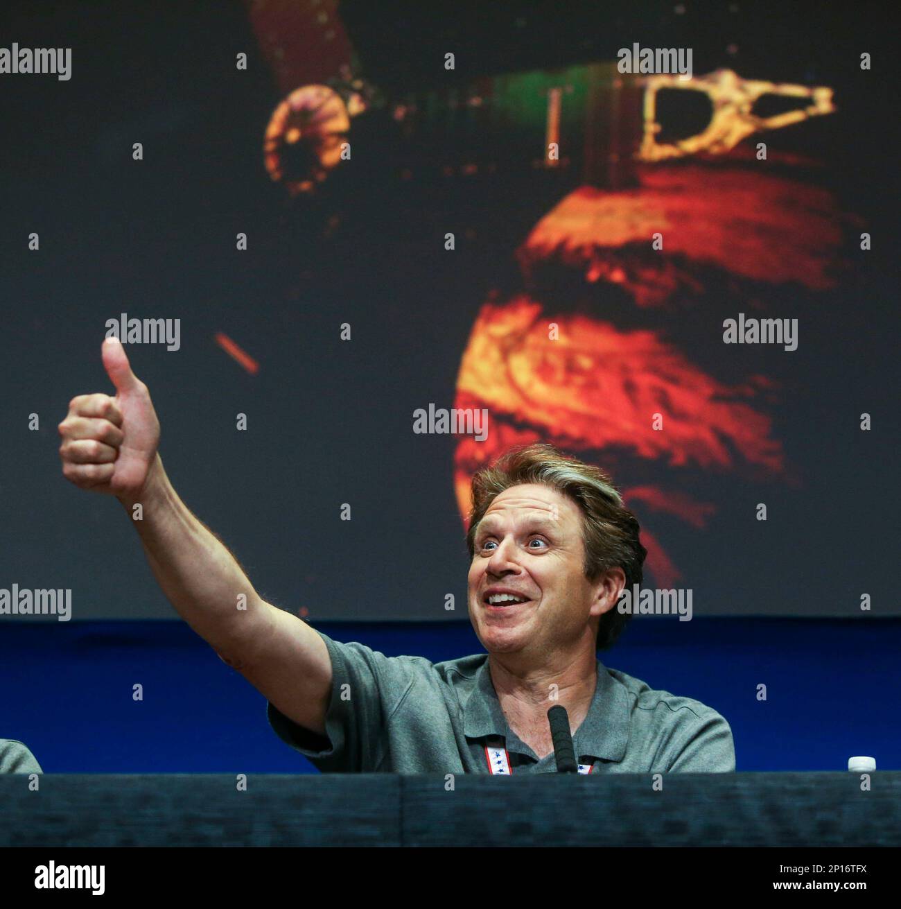 Scott Bolton speaks in a post-orbit insertion briefing at NASA's Jet ...