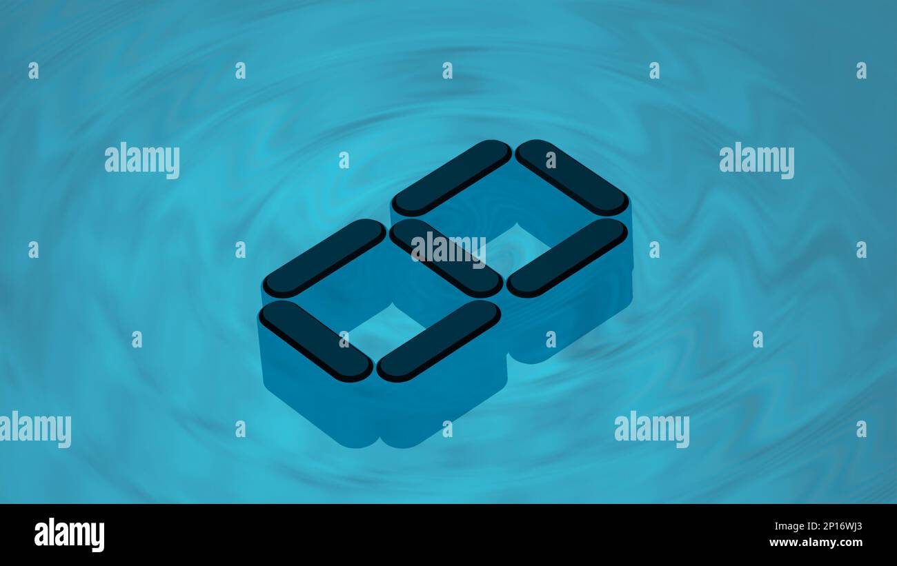 Dark isometric digit 0 3D render in reflective glass submerged in ...