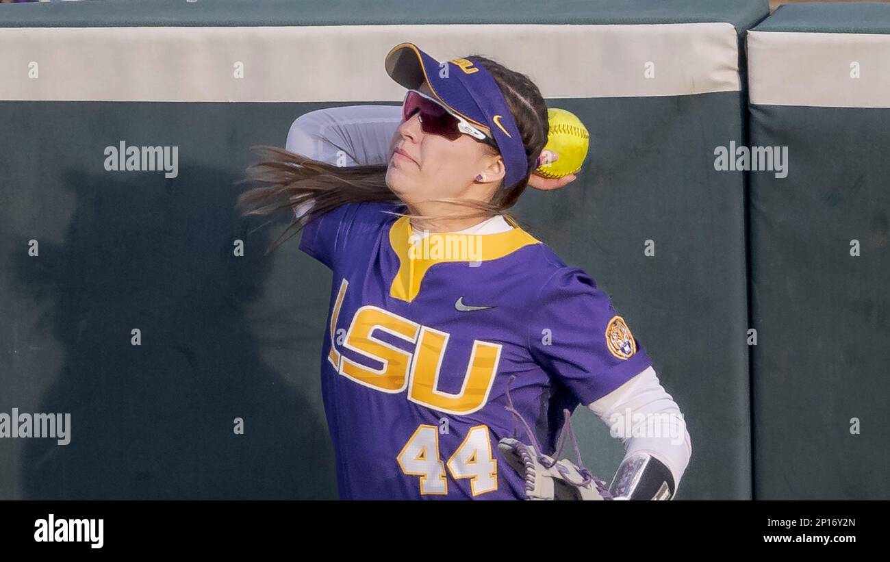 LSU outfielder Ali Newland (44) throws during an NCAA softball game on ...