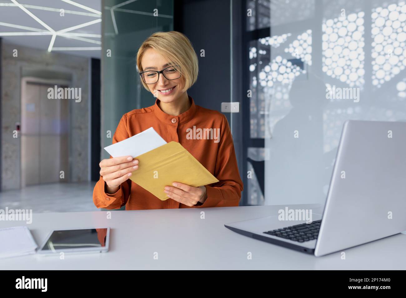 Successful business woman boss working inside office with laptop ...